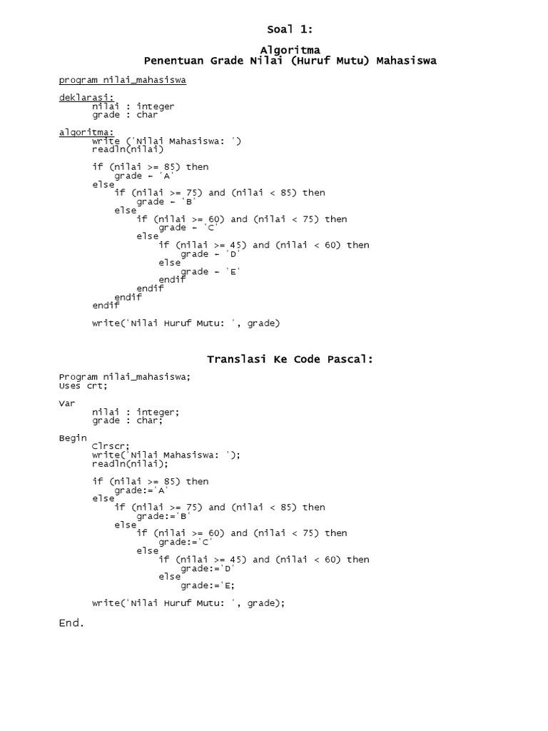 Soal 1: Algoritma Penentuan Grade Nilai (Huruf Mutu) Mahasiswa | PDF | Computer Programming ...