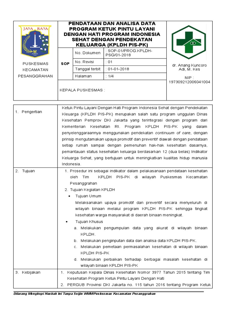 Sop Pendataan Analisis Data KPLDH Pis PK TH 2018 | PDF