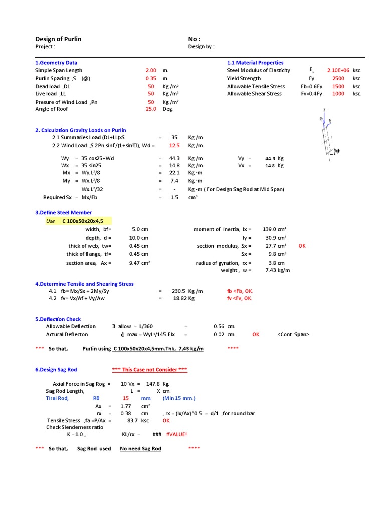 Design of Purlin No:: 1.geometry Data 1.1 Material Properties | PDF ...