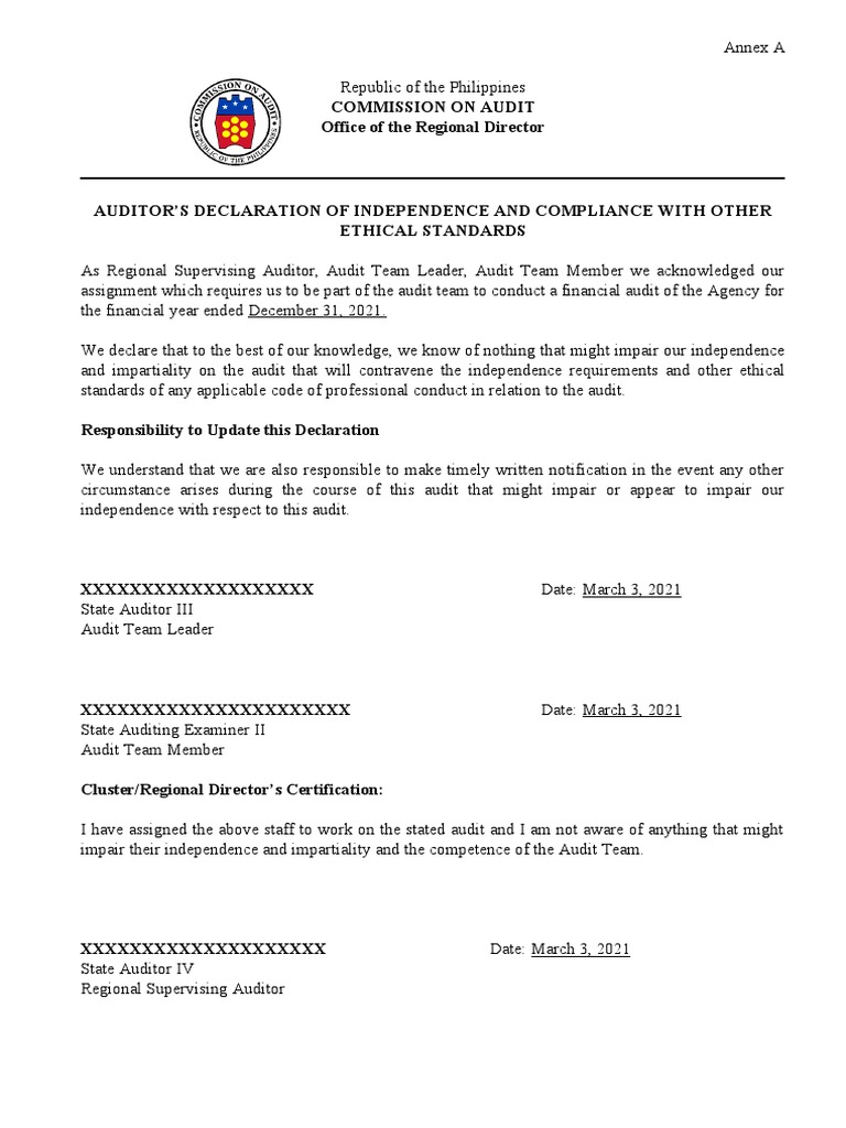 Declaration COA | PDF | Internal Control | Audit