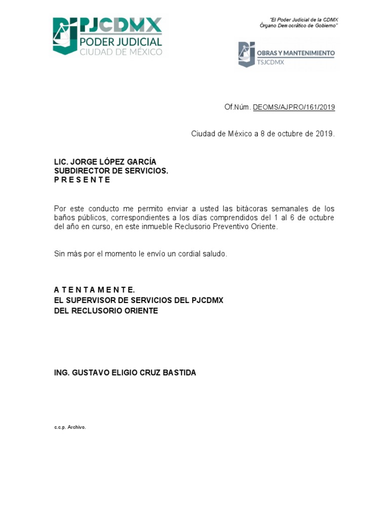 Oficio Bitacora de Baño | PDF