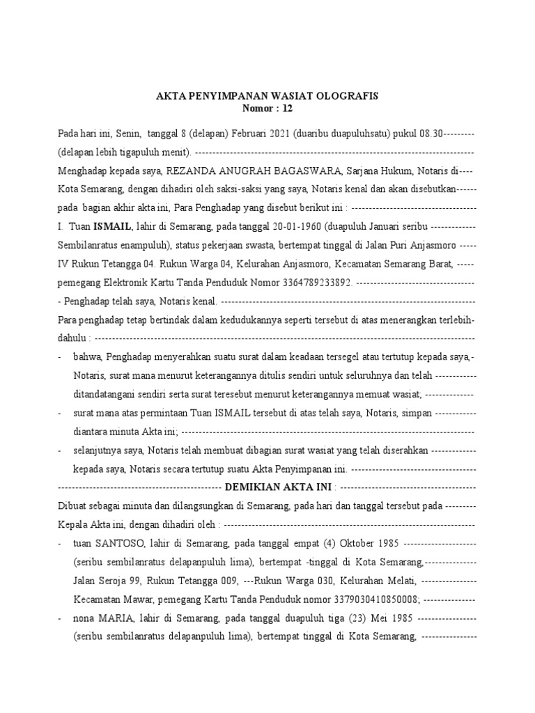 Akta Penyimpanan Wasiat Olografis | PDF