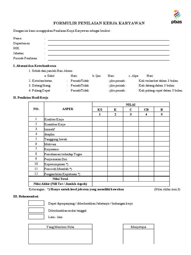 Form Penilaian Karyawan | PDF