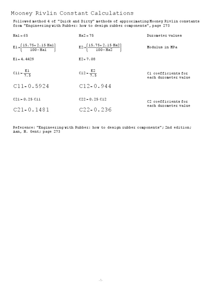Mooney Rivlin Constant Calculations | PDF