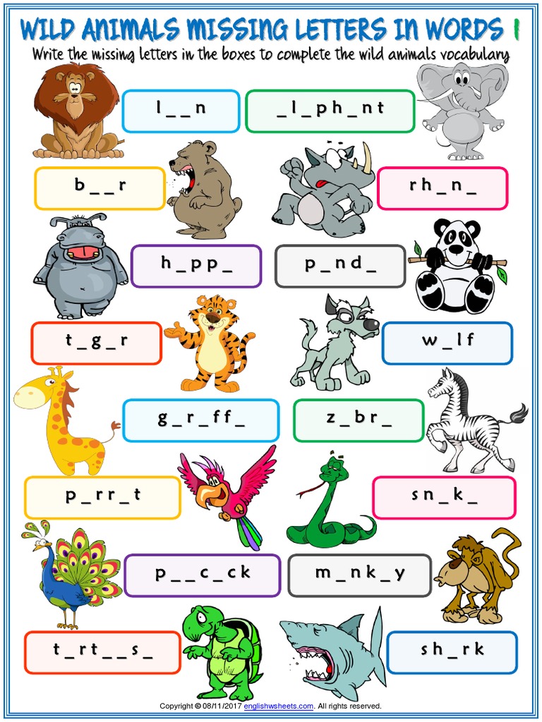 Wild Animals Vocabulary Esl Missing Letters in Words Worksheets For ...