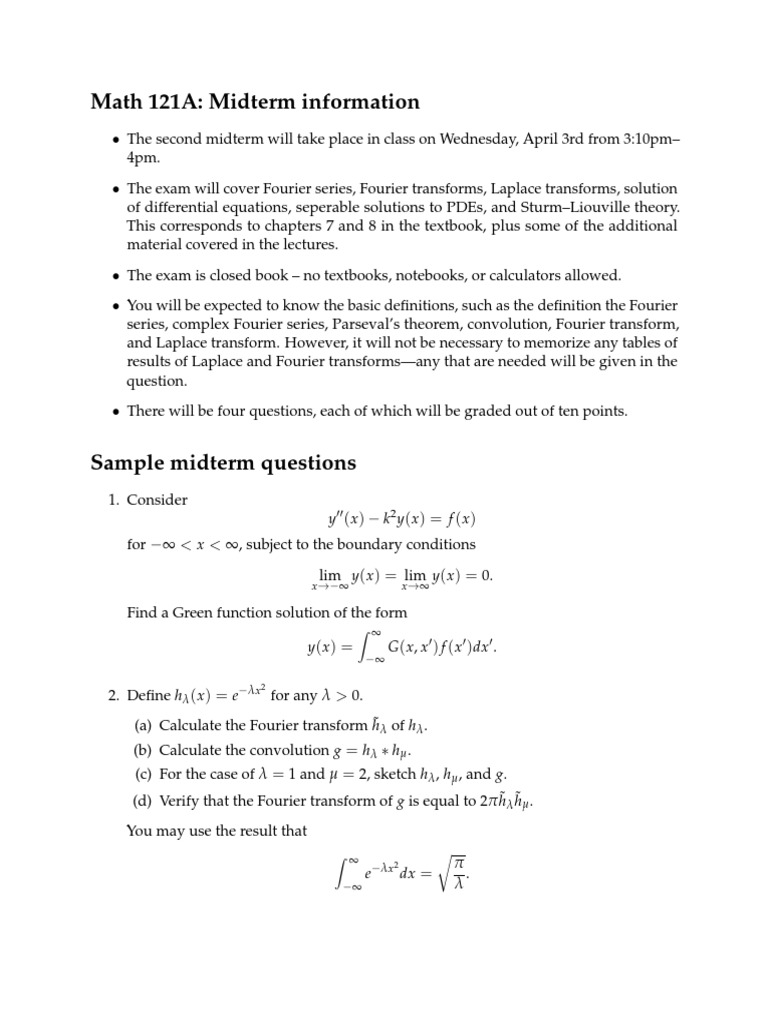 Math 121A: Midterm Information | PDF | Fourier Transform | Partial ...
