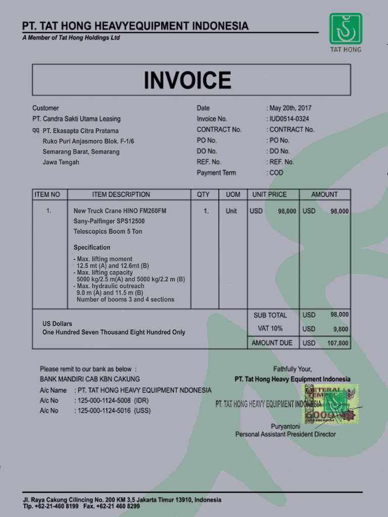 Invoice (Bukti Kepemilikan Crane) | PDF