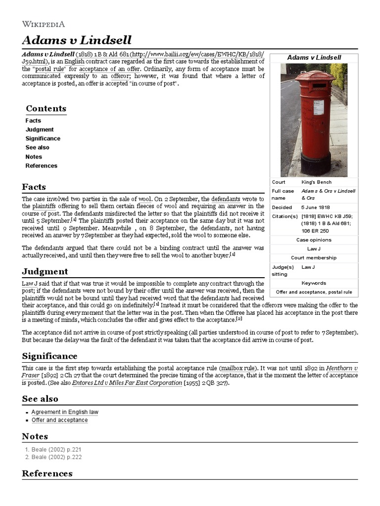 Adams v Lindsell: Postal Rule Case | PDF | Legal Concepts | Contract Law