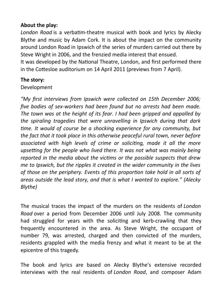 London Road Verbatim Theater - (Eftychia Spyridaki) | PDF | Performing Arts | Theatre