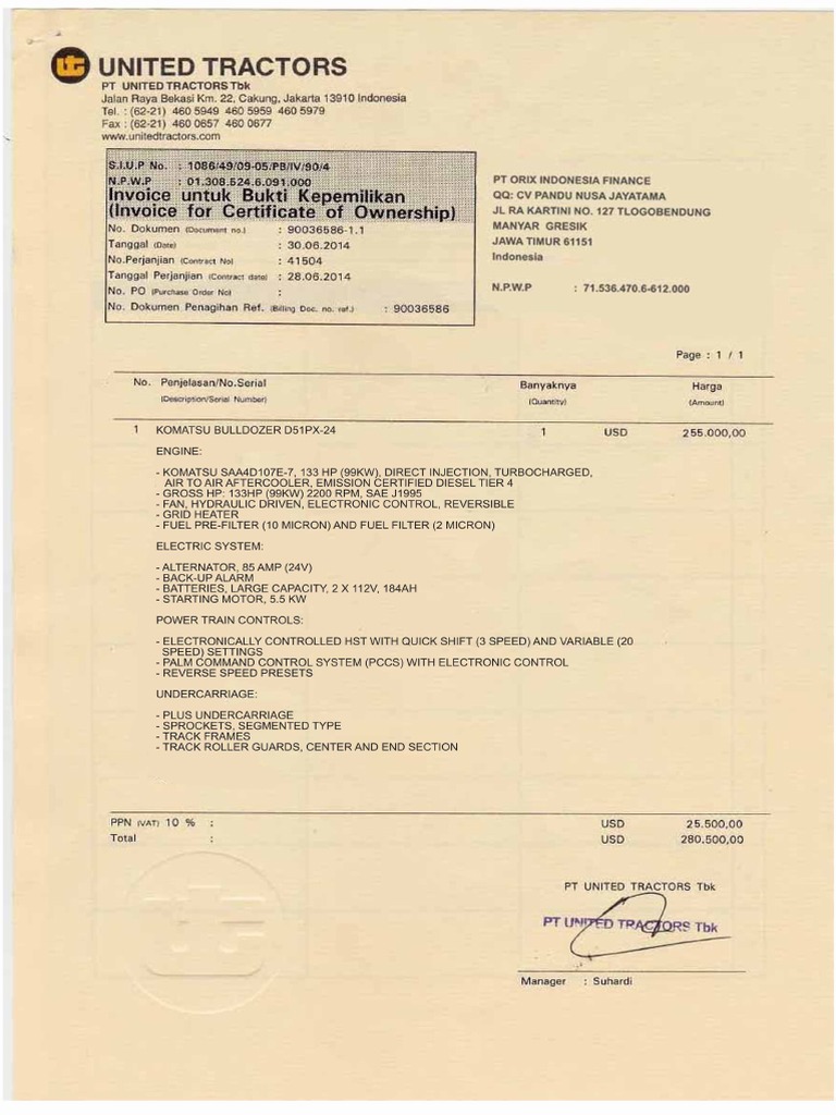 Invoice Pembelian (Komatsu D51PX-24) | PDF