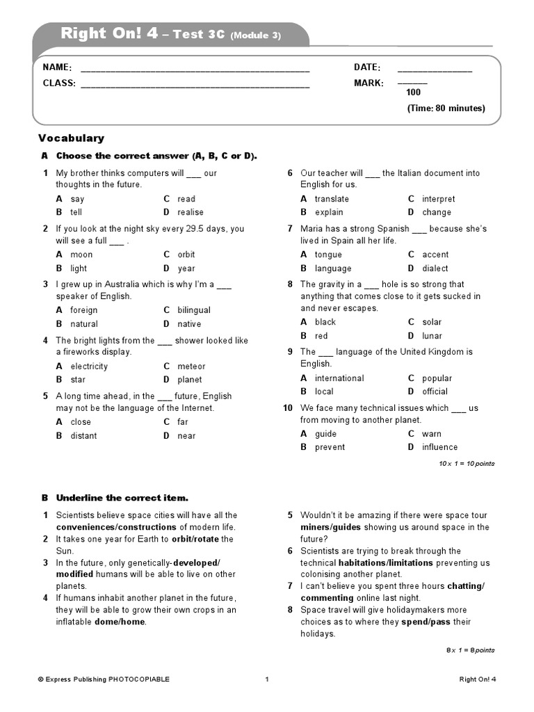 09 Right On 4 - Test 3C - Mod 3 | PDF | English Language | Planets