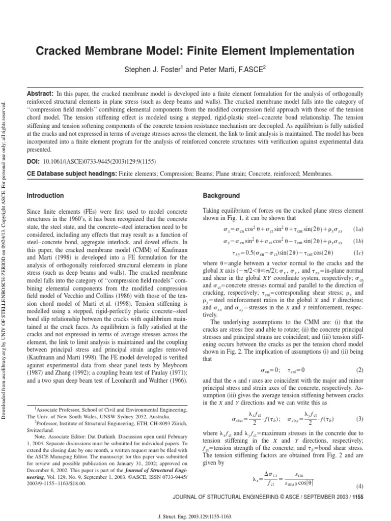Cracked Membrane Model: Finite Element Implementation: Stephen J. Foster and Peter Marti, F.ASCE ...