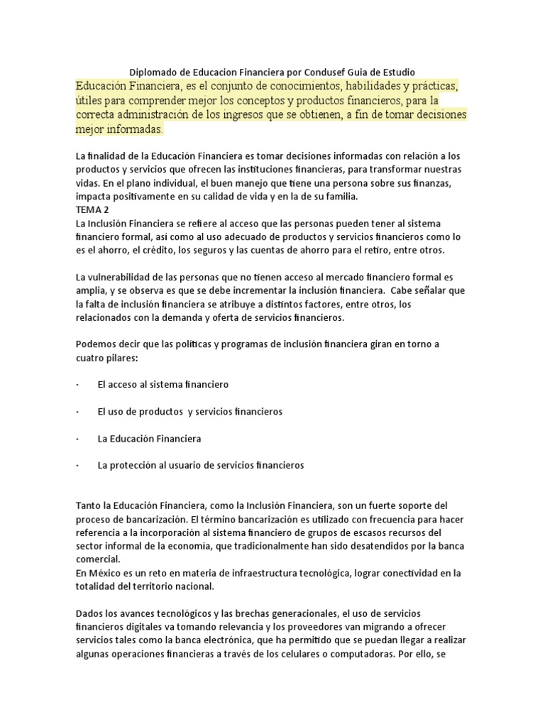 Diplomado de Educacion Financiera Por Condusef Guia de Estudio | PDF ...
