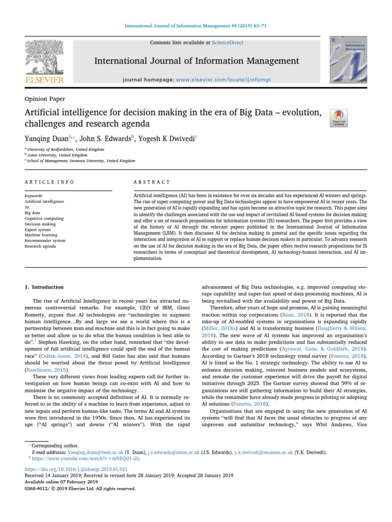 Artificial Intelligence For Decision Making in The Era of Big Data ...