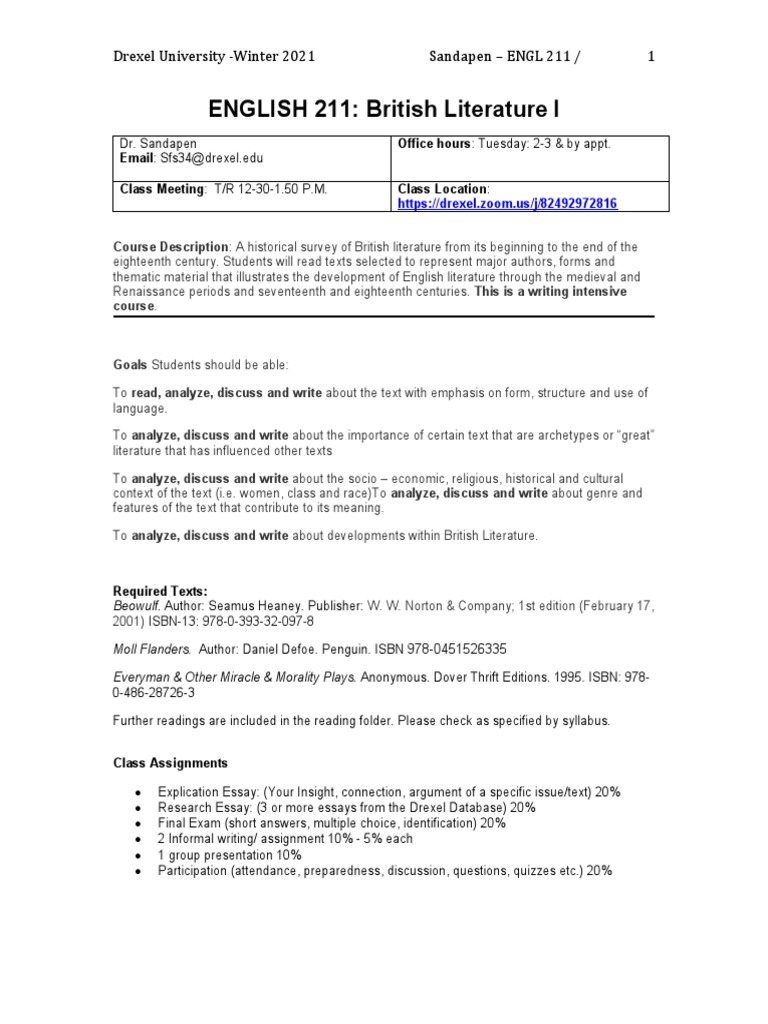 ENGLISH 211: British Literature I: Drexel University - Winter 2021 Sandapen - ENGL 211 / 1 | PDF ...