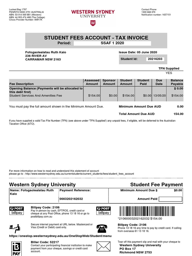 Student Fees Account - Tax Invoice: Period: SSAF 1 2020 | Download Free ...