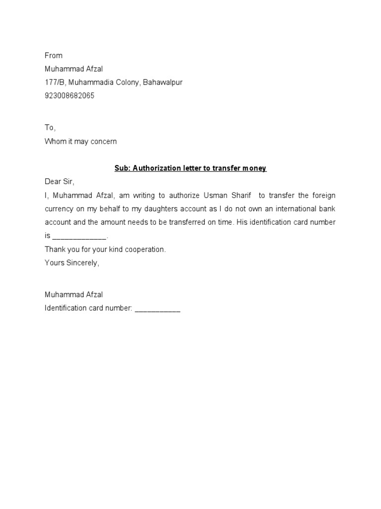 Authorization Letter for Money Transfer | PDF