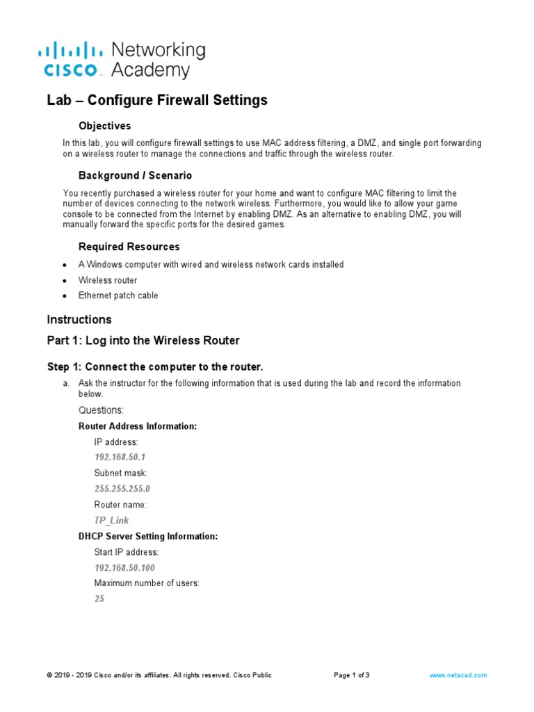 6.1.4.8 Lab - Configure Firewall Settings | PDF | Port (Computer Networking) | Router (Computing)