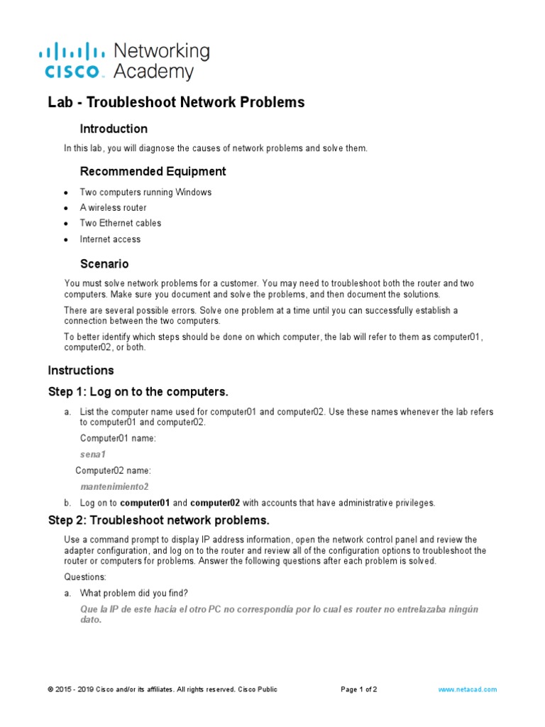 6225 Lab Troubleshoot Network Problems Pdf Router Computing Computer Network 