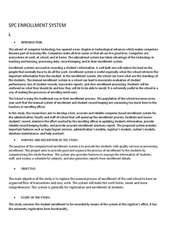 SPC Enrollment System: Purpose and Discription of The Study | PDF ...