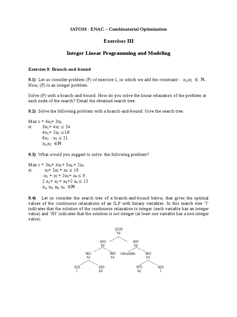 Exercises III Integer Linear Programming and Modeling | PDF | Mathematical Optimization | Linear ...