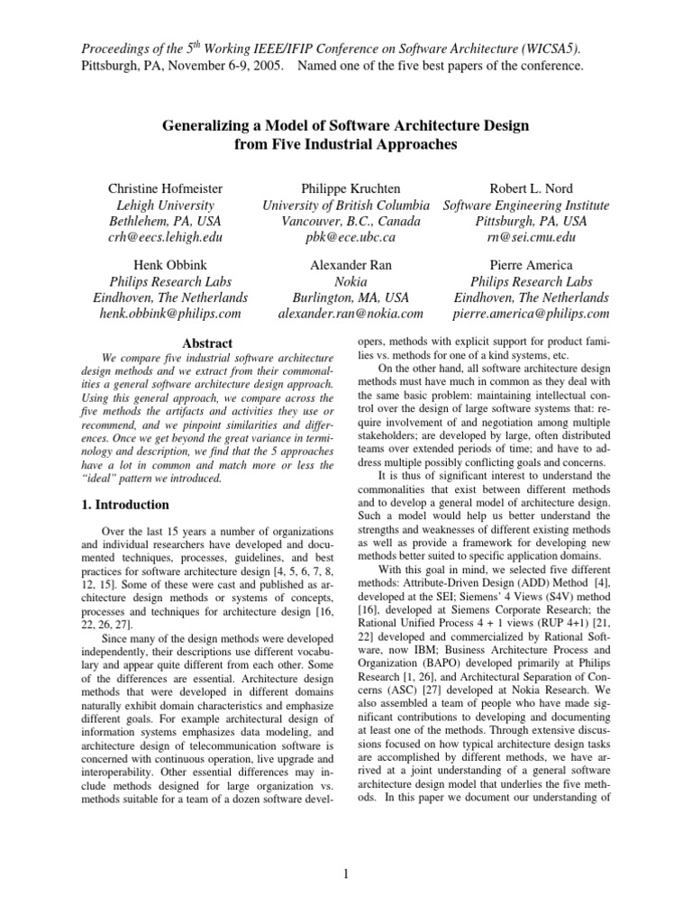 Generalizing A Model Of Software Architecture Design From Five Industrial Approaches Pdf