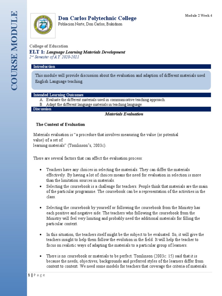 Course-Module - ELT 3 Week 4 | PDF | Learning Styles | Learning