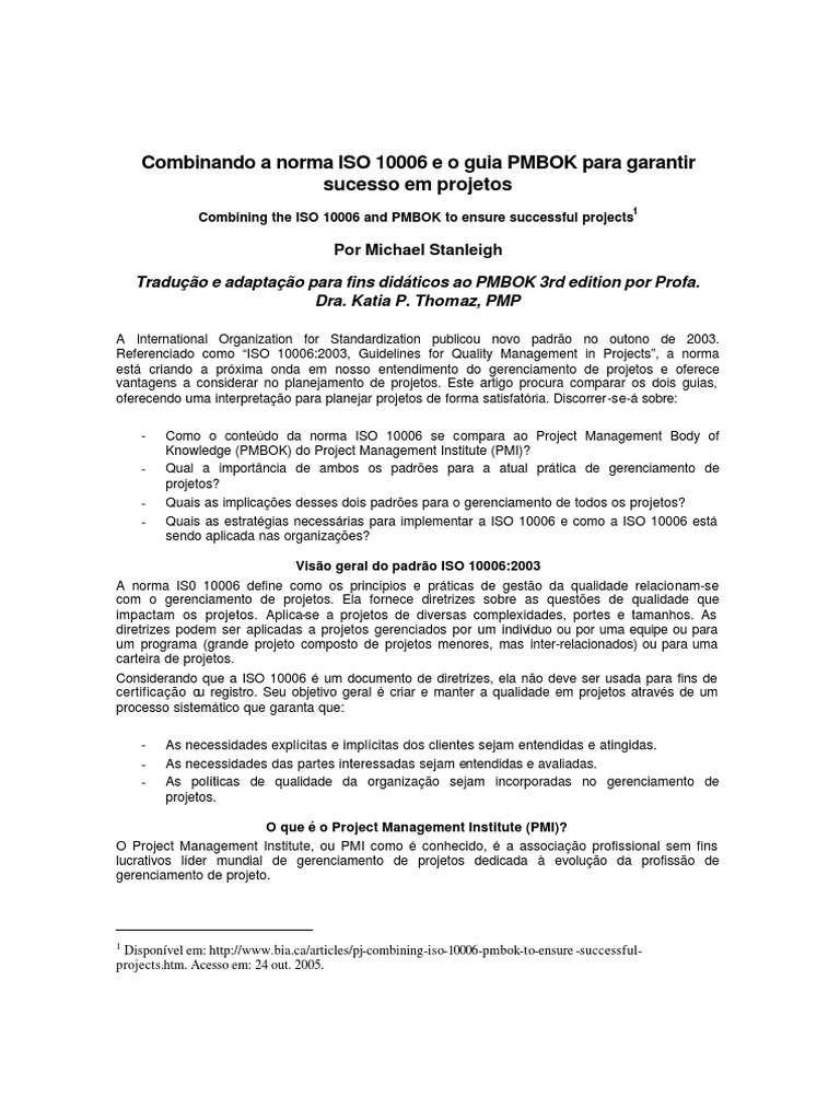 Comparativo 10006 E PMBOK | PDF | ISO 9000 | Gestão de projetos