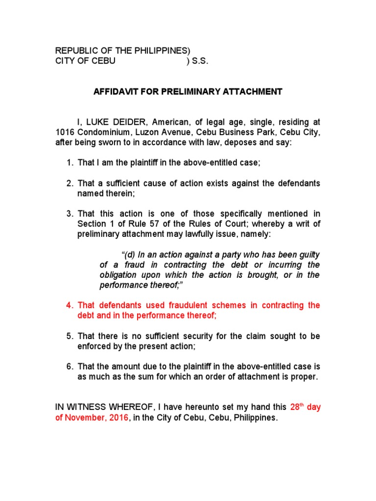 Affidavit For Preliminary Attachment | PDF
