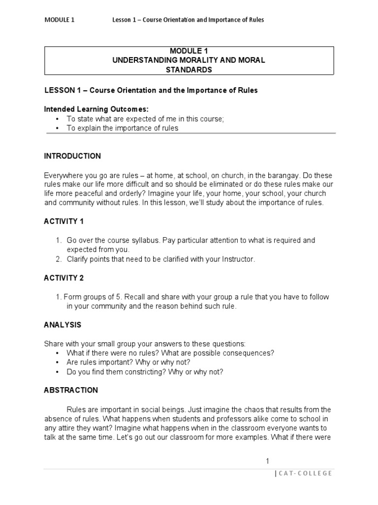 Understanding Morality and Moral Standards LESSON 1 - Course ...