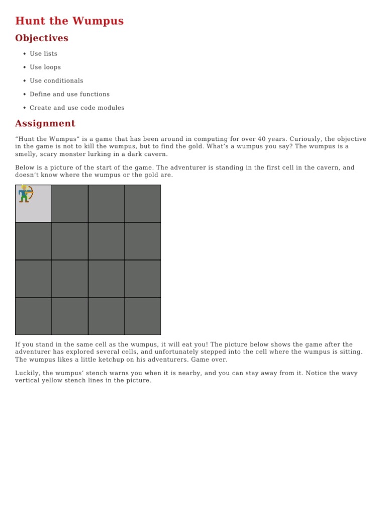Hunt The Wumpus: Objectives | PDF | Array Data Structure | Computer File