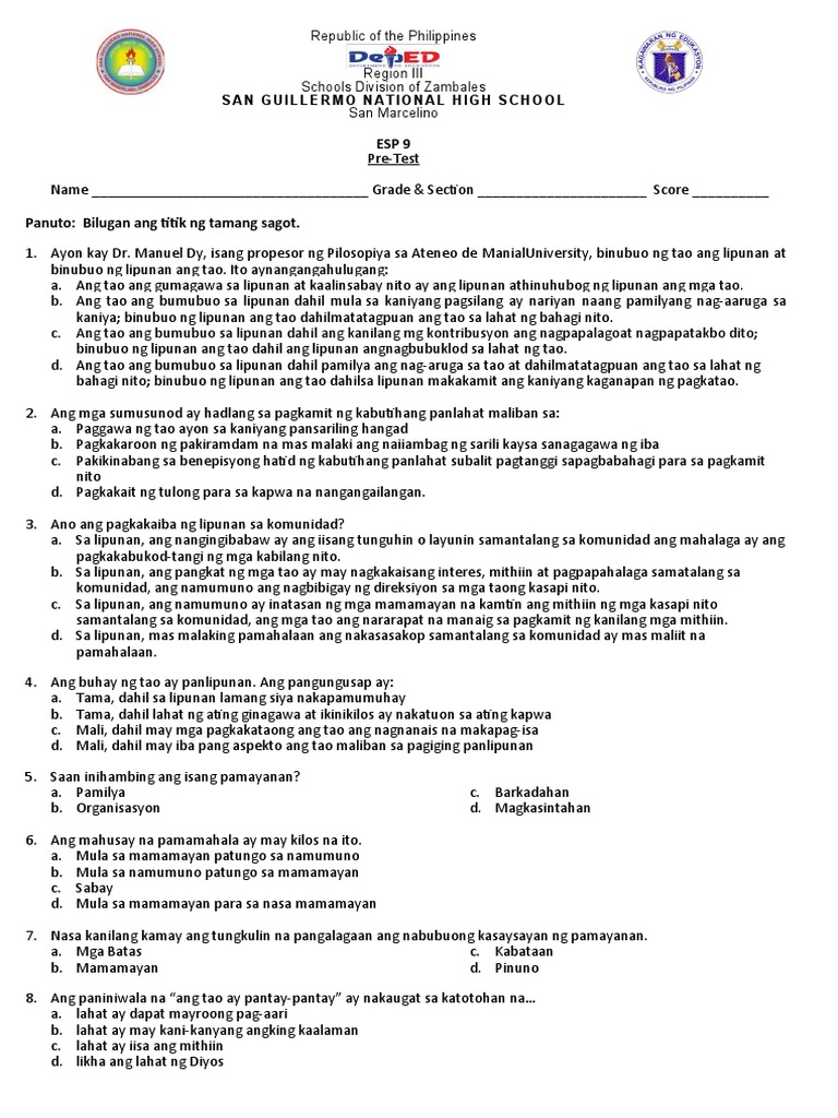 0 ESP 9 Pre-Test | PDF