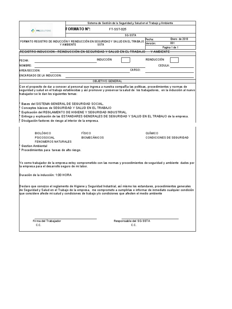 FT-SST-025 Formato de Inducción y Reinducción en SST | Descargar gratis PDF | Seguridad | Business