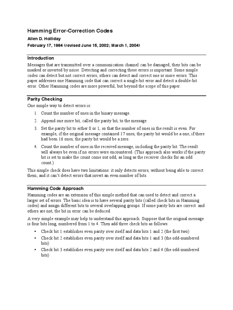 Hamming Error-Correction Codes: Allen D. Holliday February 17, 1994 ...