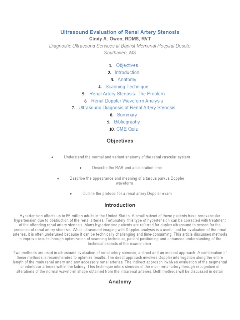 Ultrasound Evaluation of Renal Artery Stenosis | PDF | Angiology | Kidney