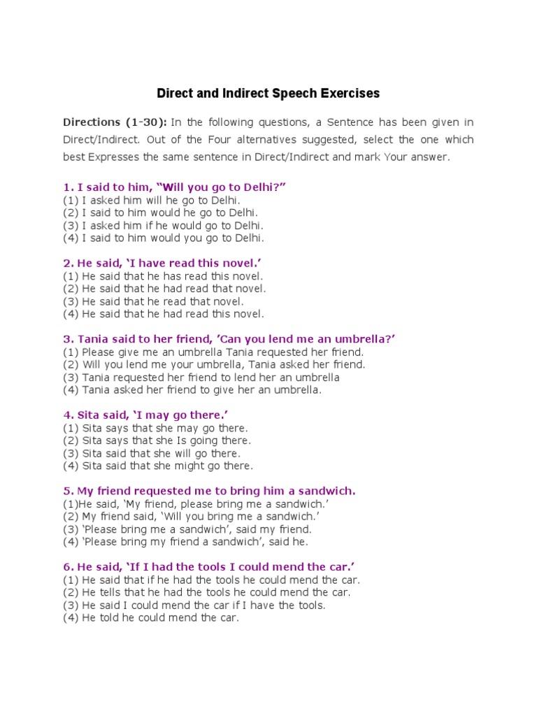 Direct and Indirect Speech Exercises | PDF