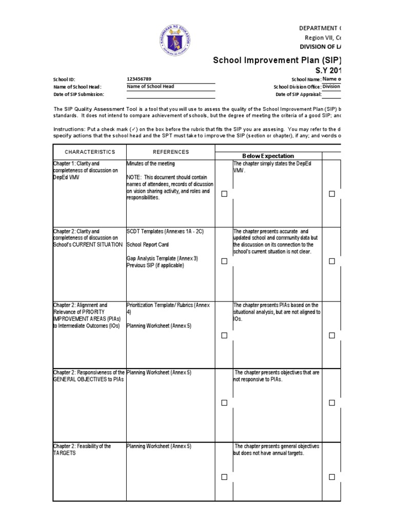 School Improvement Plan (SIP) Quality Assessment (QA) Tool: Division of ...