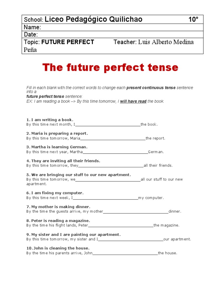 The Future Perfect Tense: Liceo Pedagógico Quilichao | PDF | Language ...