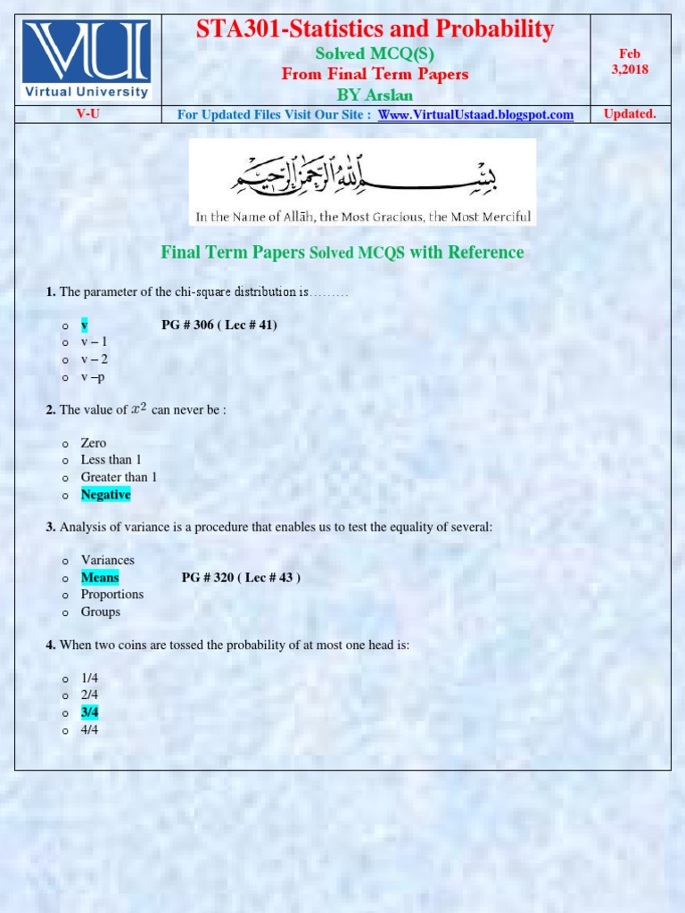 Sta301 Finalterm Mcqs With Reference Solved by Arslan | PDF | Mean | Confidence Interval