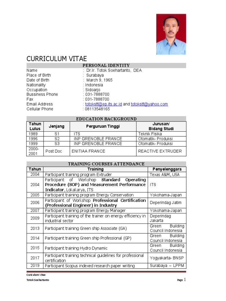 CV Totok Soehartanto (LENGKAP) | PDF | Energy And Resource | Nature