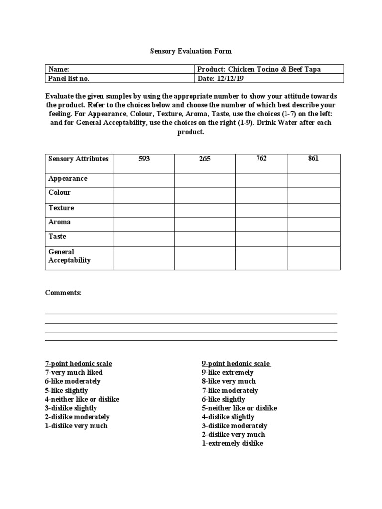 Sensory Evaluation of Chicken Tocino & Beef Tapa: A Hedonic Scale ... Sensory Evaluation of Chicken Tocino & Beef Tapa: A Hedonic Scale ...