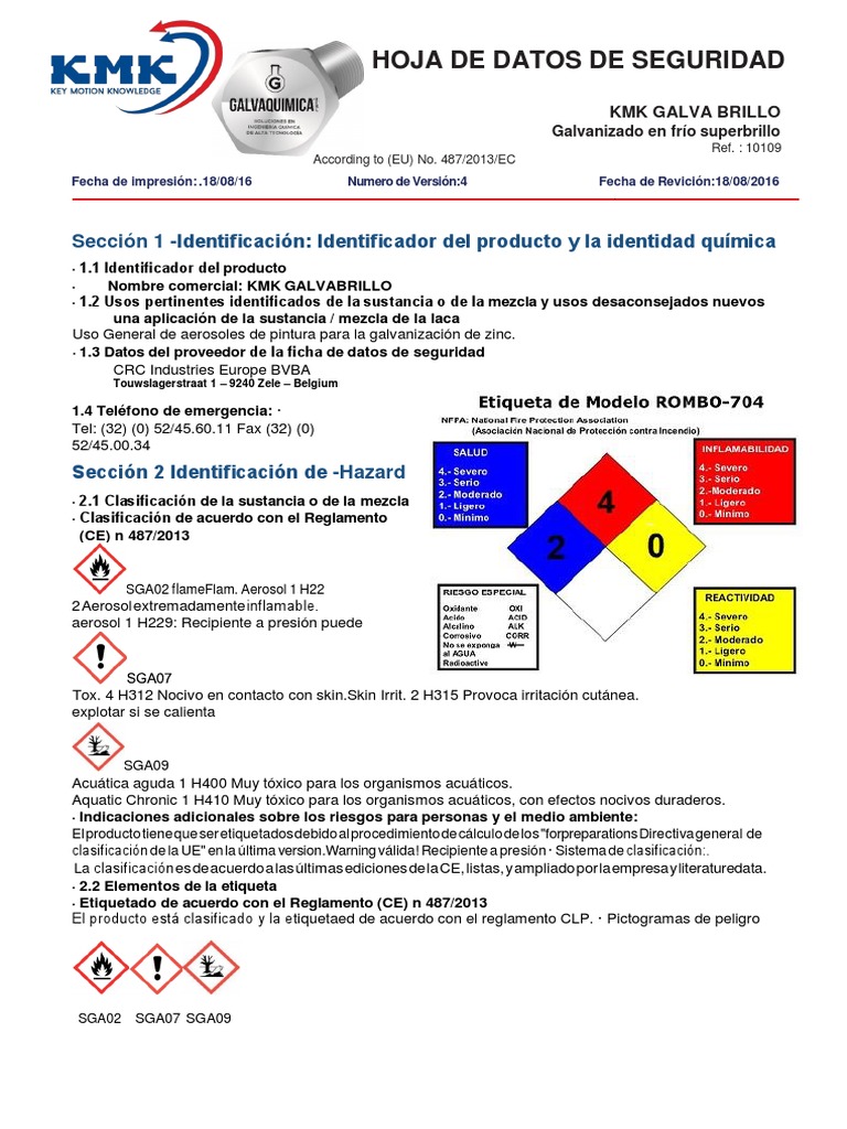 HS-KMK Galva Brillo MSDS | PDF | Aerosol | Agua