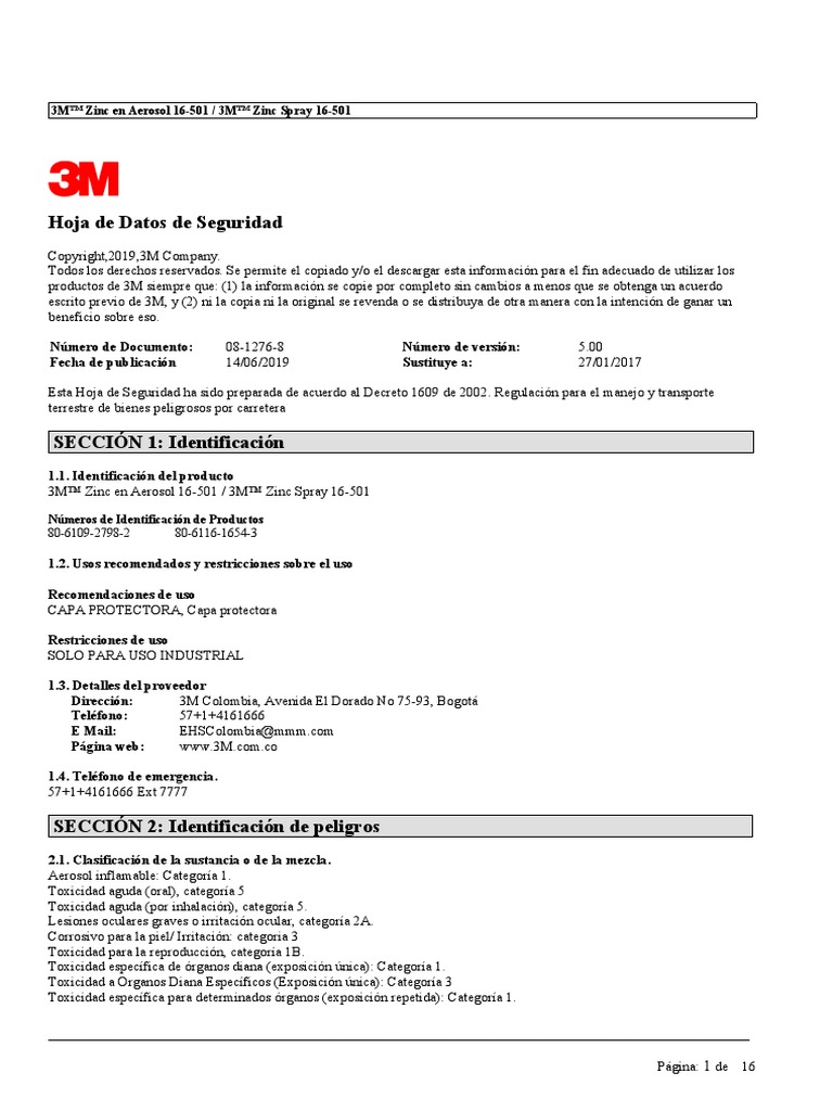 MSDS - 3M Zinc Spray 16-501 | PDF | Aerosol | Combustión