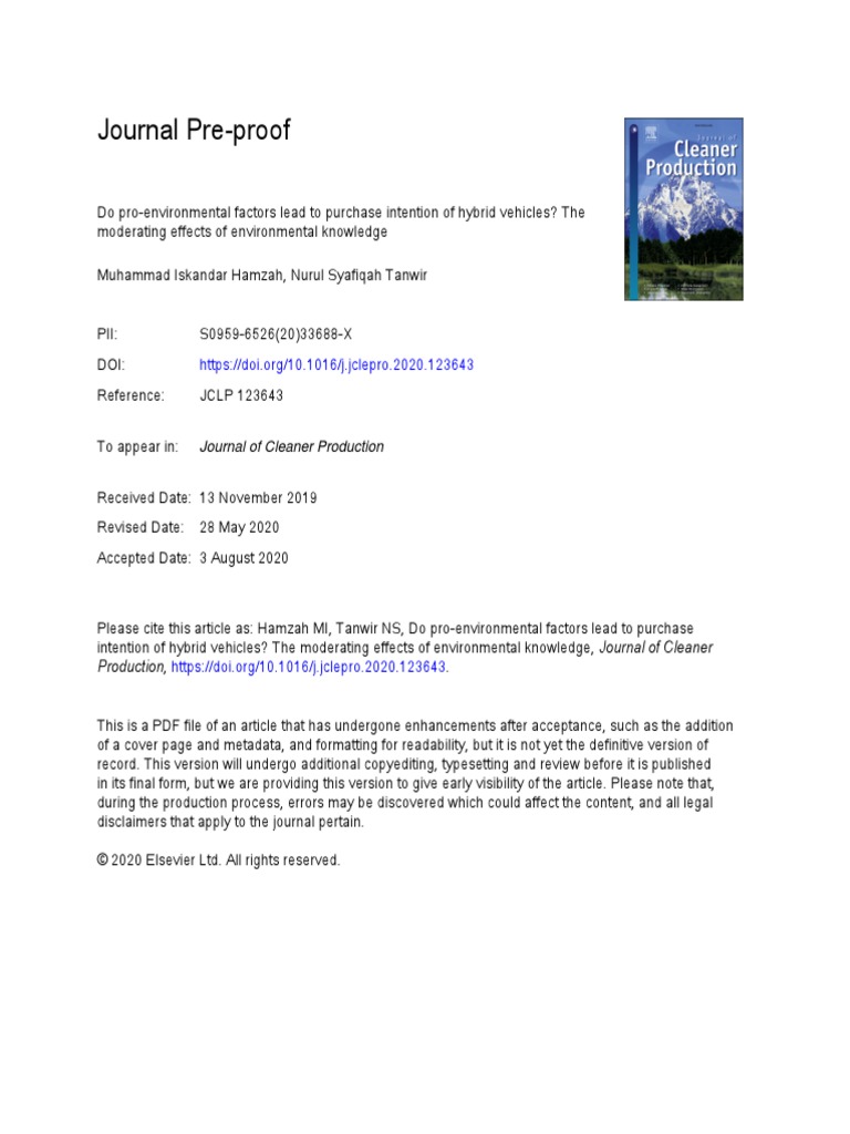 Journal Pre-Proof: Journal of Cleaner Production | PDF | Intention ...
