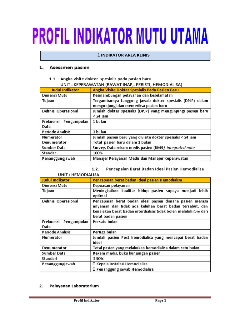 Profil Indikator Mutu Utama | PDF