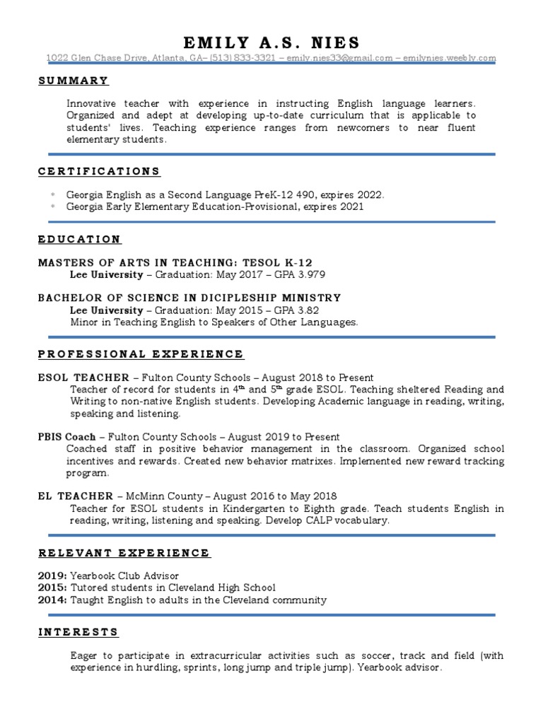 Emily Nies Resume | PDF | English As A Second Or Foreign Language ...