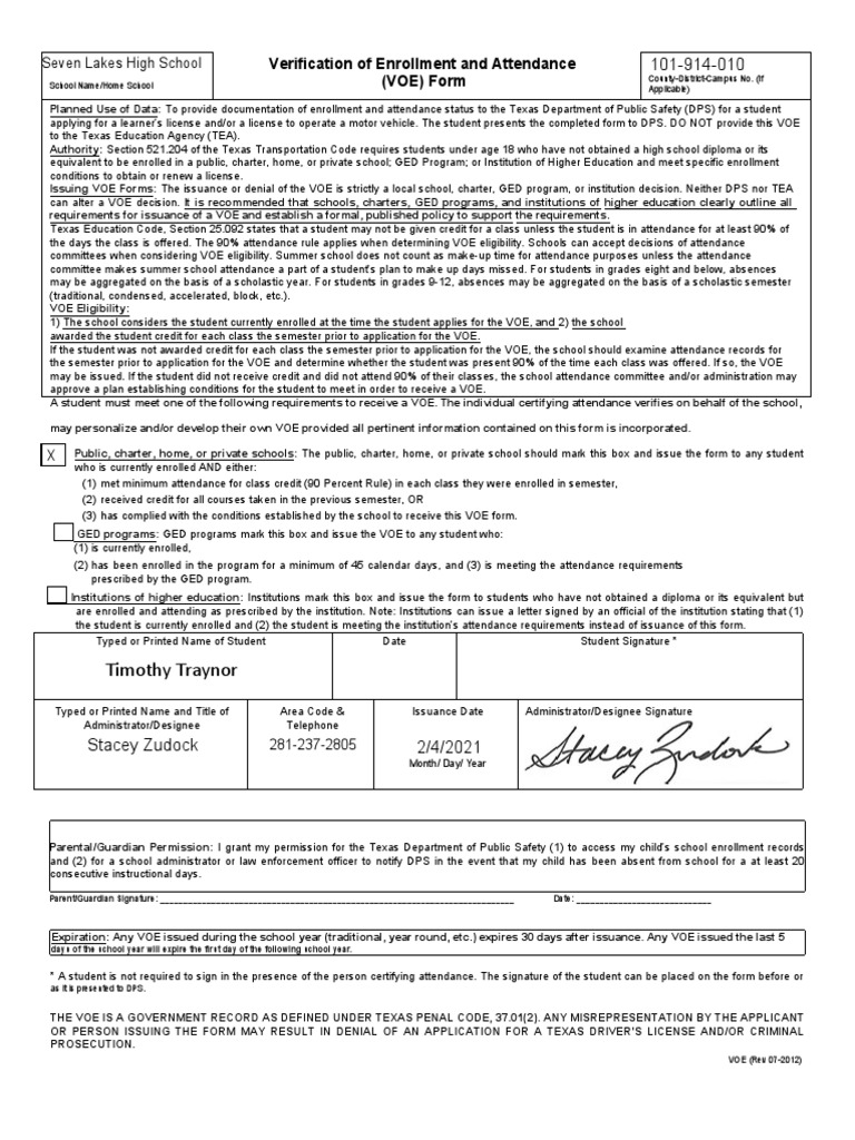 Timothy Traynor: Verification of Enrollment and Attendance (VOE) Form ...