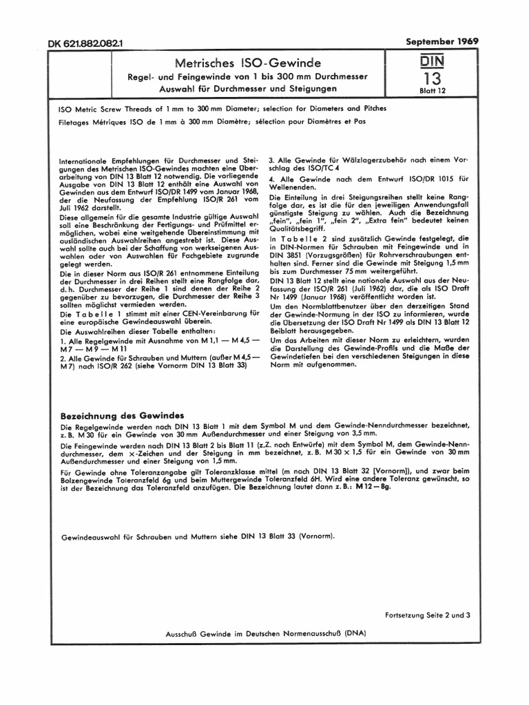 (DIN 13-12 - 1969-09) - Metrisches ISO-Gewinde, Regel - Und Feingewinde ...