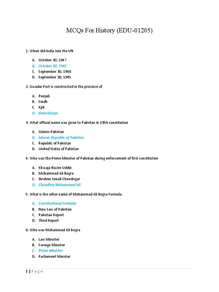History MCQs for Pakistan Studies | PDF | All India Muslim League ...