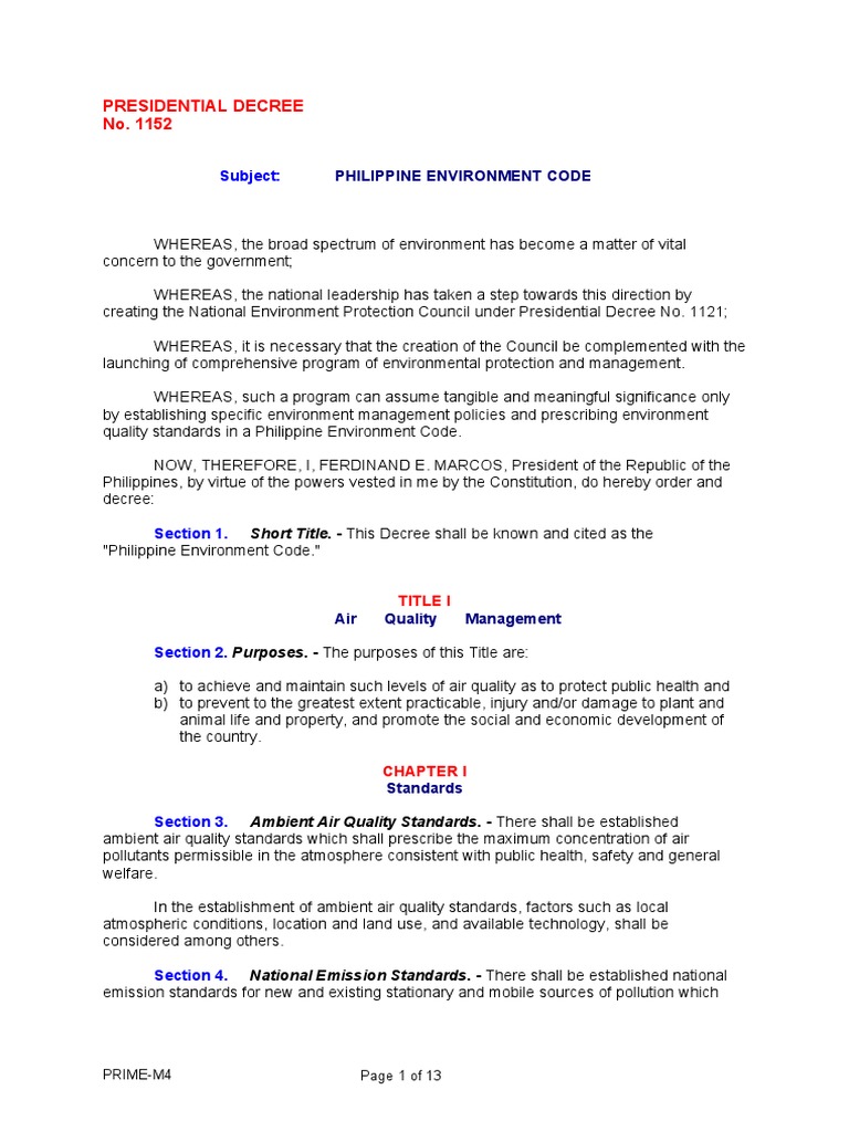 Presidential Decree No. 1152: Subject | PDF | Air Pollution | Water ...